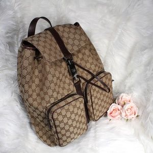 Gucci | Bags | Gucci Canvas Backpack With Brown Leather Trim | Poshmark